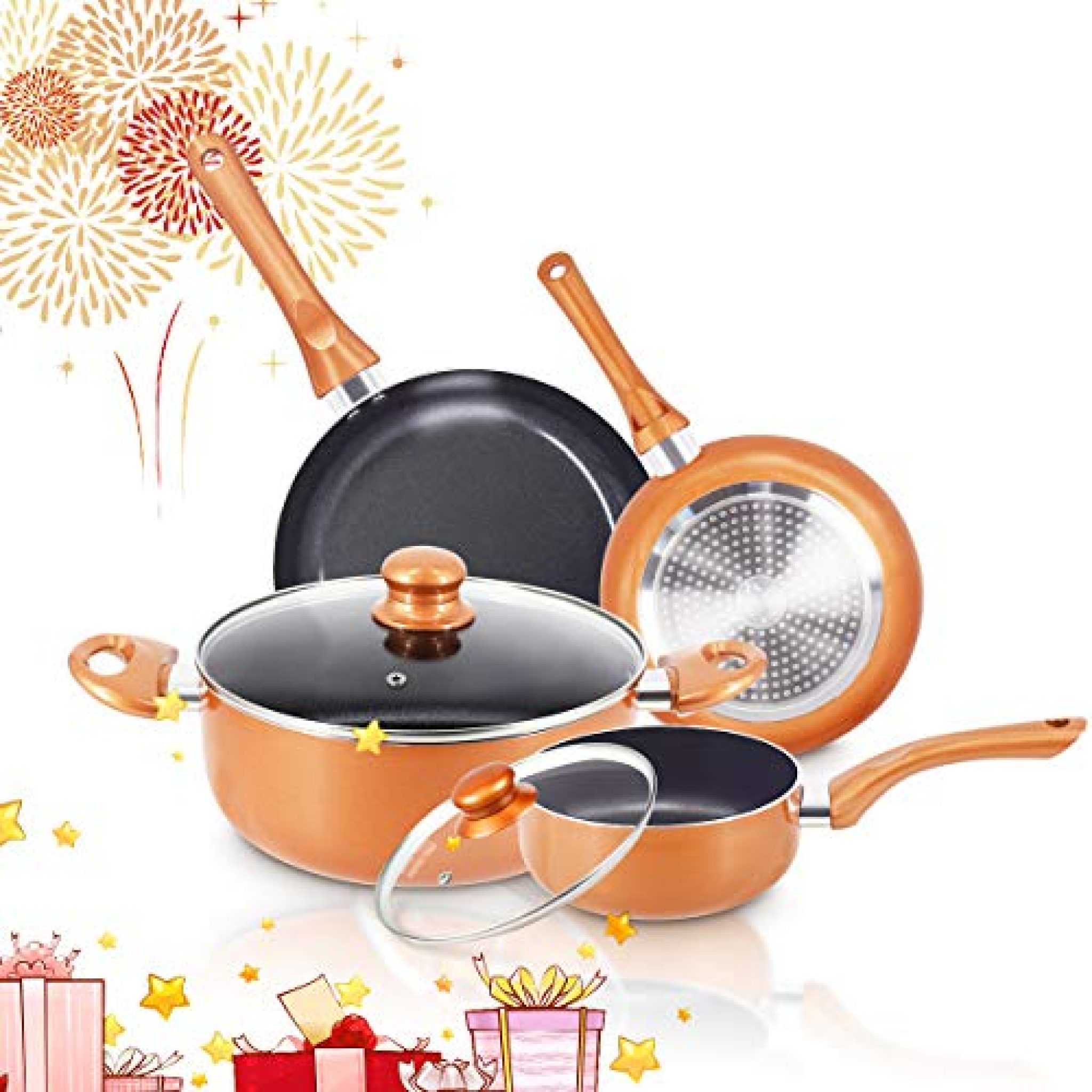 FRUITEAM 6pcs Non-Stick Kitchen Cookware Set, Copper Pots and Pans Set ...