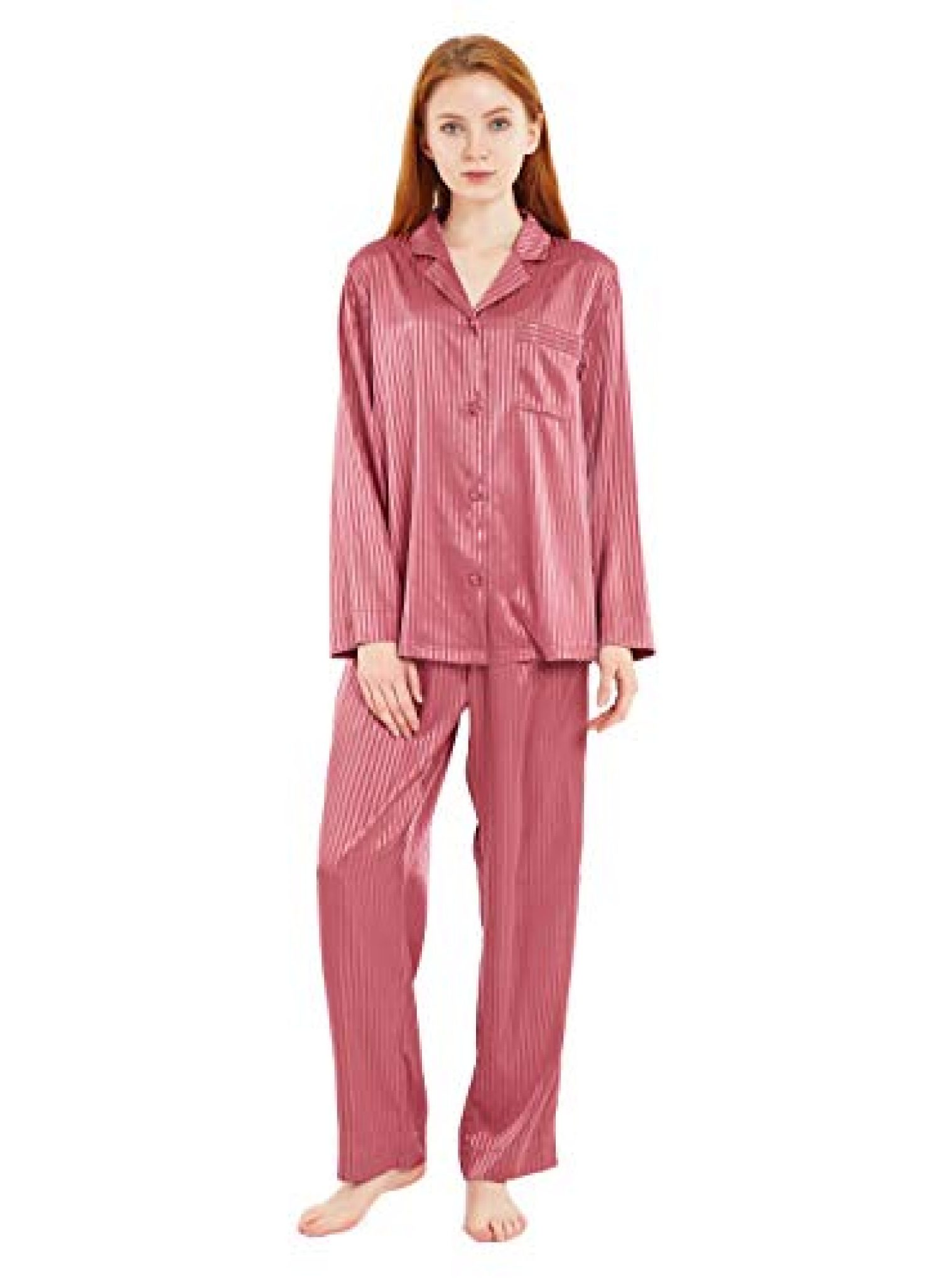 Femofit Satin Pajama Set for Women Long Sleeve Button Down Sleepwear ...